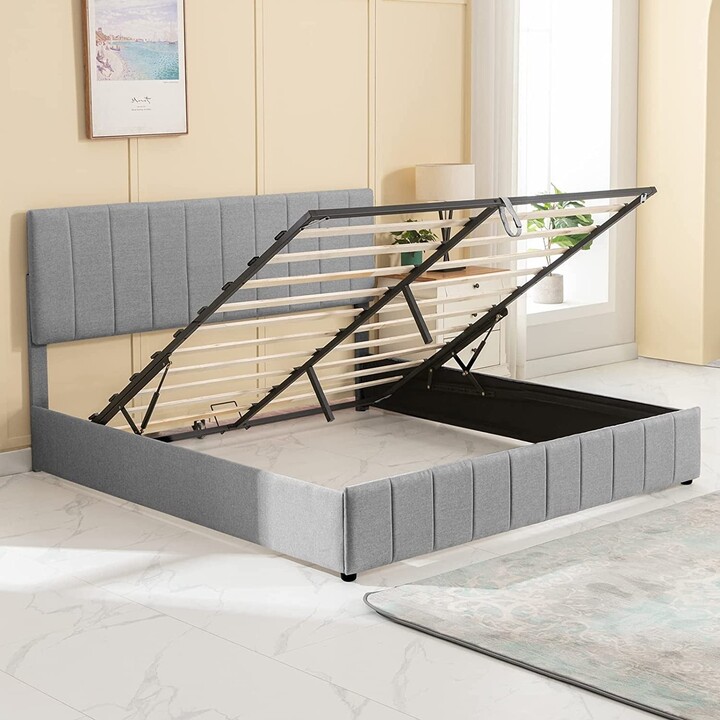 Mixoy Linen Fabric Bed Frame with Lifting Storage Underneath, Modern ...