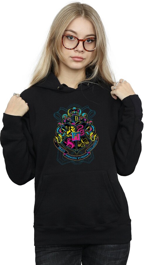 Absolute Cult Harry Potter Women's Neon Hogwarts Crest Hoodie Black ...
