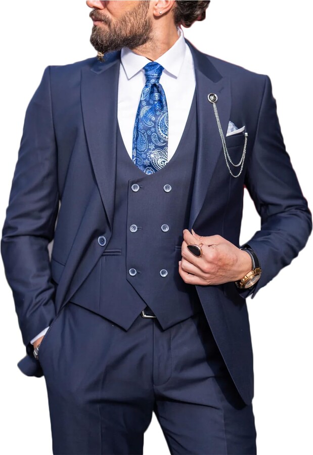 RAJEGAR 3 Pieces Men's Suits Tuxedo Sets Navy One Button Blazer Vest ...