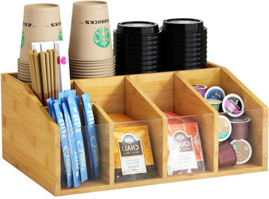 COAHAHA Natural Bamboo Coffee Bar Organizer With Removable Dividers ...