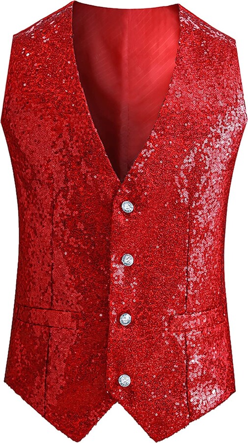 Caxndycing Suit vest men's shiny sequin dress vests men slim fit V-neck ...