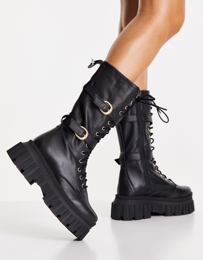 ASOS DESIGN Cosmic premium leather chunky lace up knee boots in black ...