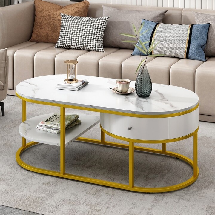 NOVABASA Modern Marble Golden Coffee Table, Metal Frame, with Drawers ...