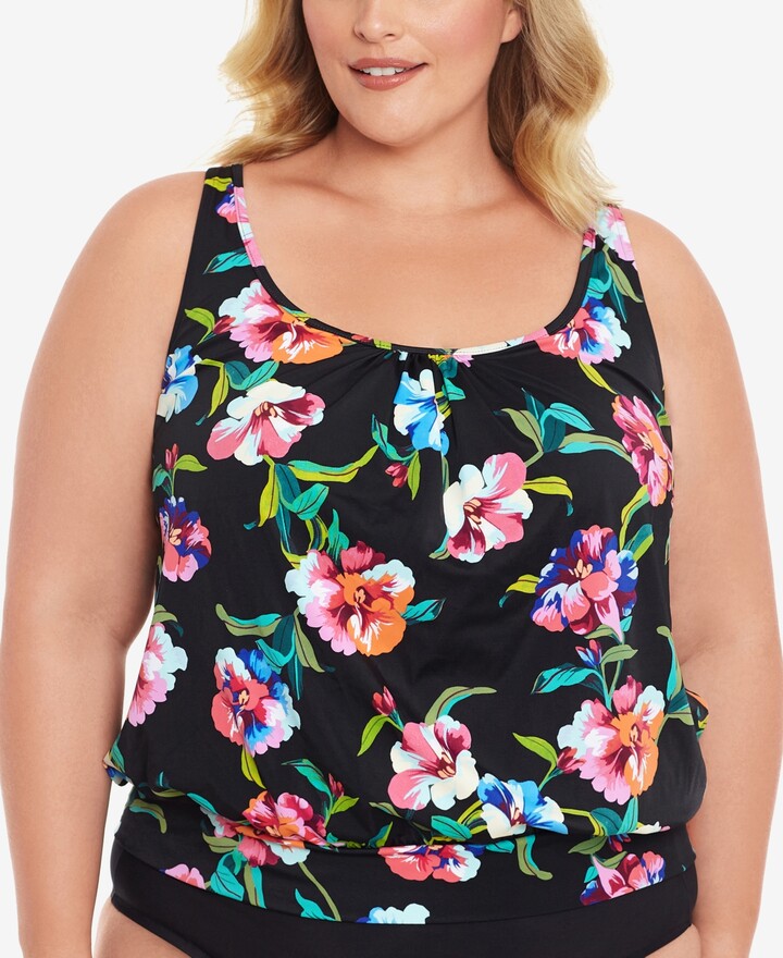 Swim Solutions Plus Size Flower Study Shirred Neck Blouson Underwire ...