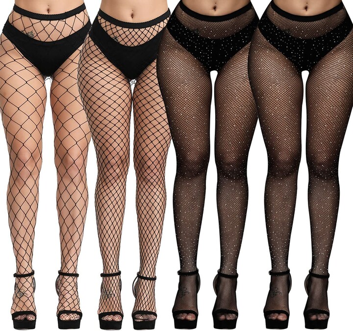 SIMYJOY 4 Pairs Women Fishnet Tights Rhinestone Mesh Tights Glitter Sparkle Diamond Stockings ...