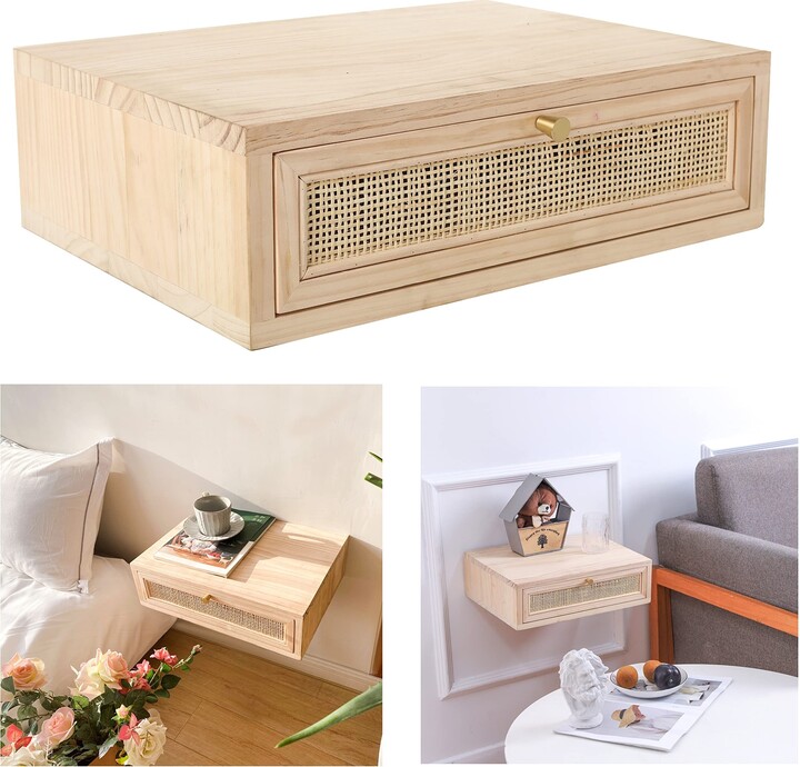 Howcool Pinewood Wall Mounted Rattan Shelf with Drawer - Floating ...