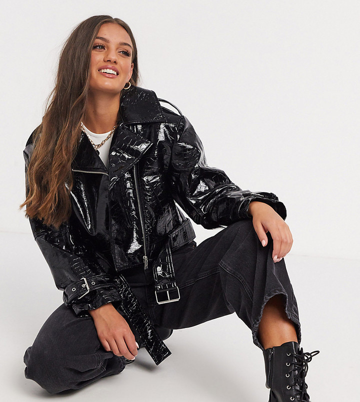 ASOS Petite ASOS DESIGN Petite luxe vinyl croc biker jacket in black ...