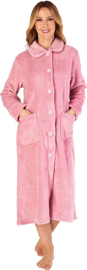 Slenderella Ladies Button Up Coral Fleece Dressing Gown Bath Robe with ...