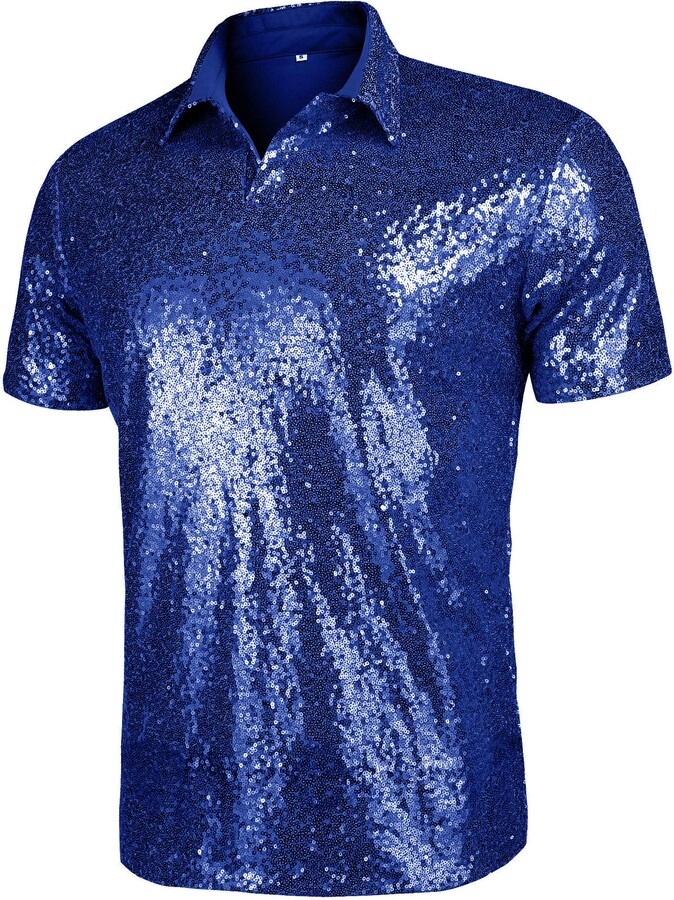 AstoSeu Mens 70s Disco Shiny Sequins Short Sleeve Turndown Sparkle Nightclub Party Polo T-Shirt ...