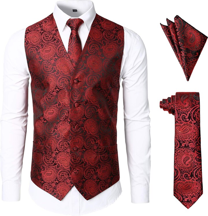 JOGAL Men's Suit Vest Paisley Tie Pocket Square Handkerchief Jacquard ...