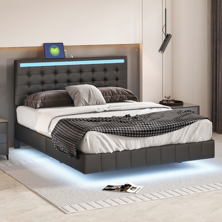 Sunmory Queen Size Floating Bed Frame with LED Lights and USB Charging ...