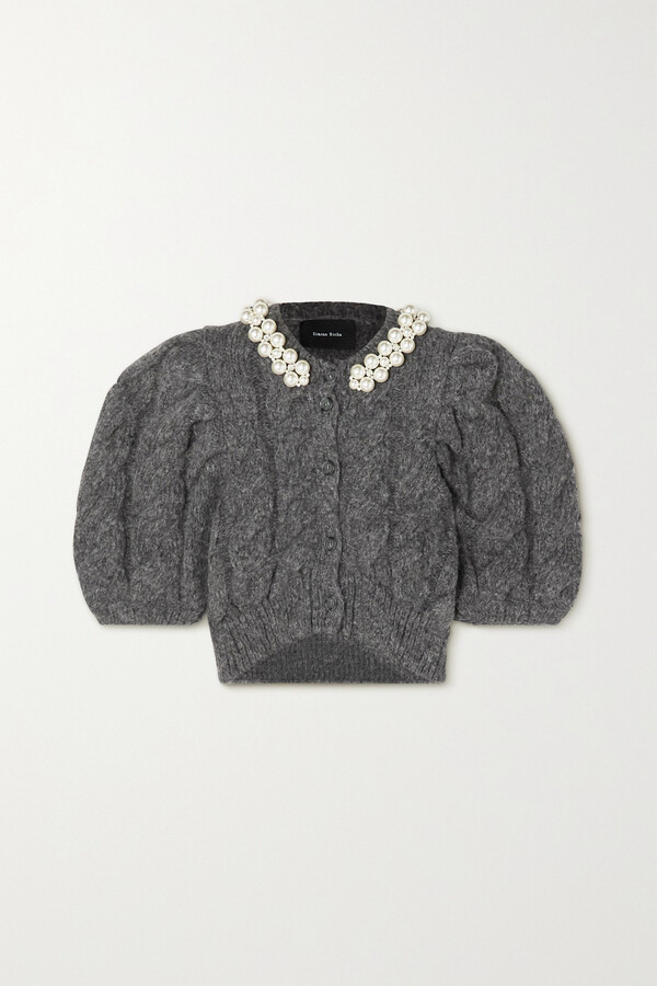 Simone Rocha Cropped Embellished Cable-knit Cardigan - Gray - ShopStyle