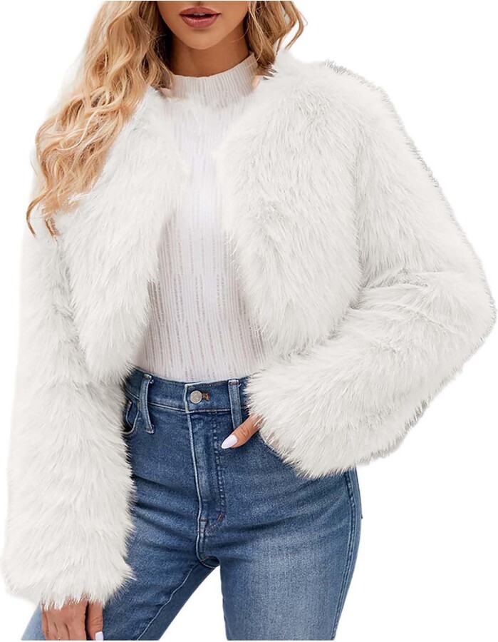 AMhomely Womens Faux Fur Coat Short Plus Size Cropped Furry Jacket Fluffy Coats For Dress Open ...