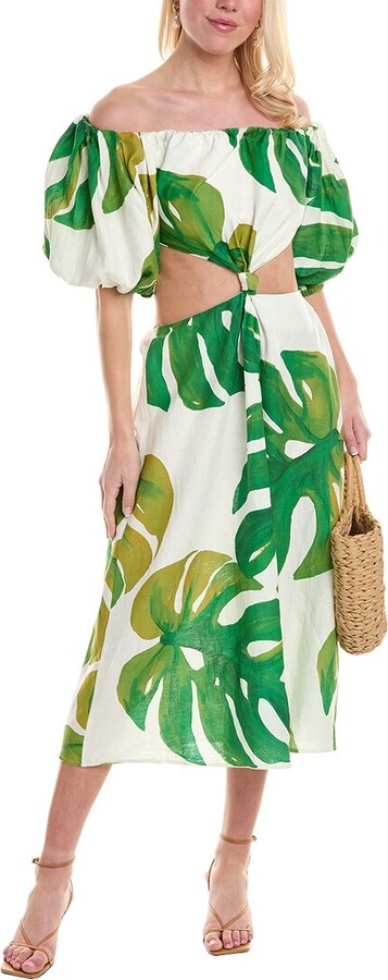 Farm Rio Monstera Cutout Waist Linen-Blend Midi Dress - ShopStyle