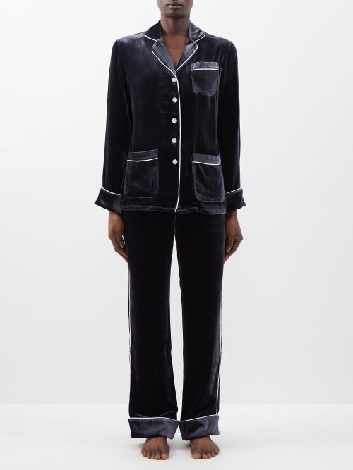 Olivia von Halle Coco Nuit Velvet Pyjama Set - Dark Navy - ShopStyle
