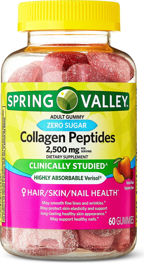 Spring Valley Zero Sugar Collagen Peptides 2500mg Gummy, 60 Count ...