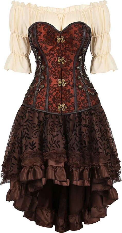 Jutrisujo Steampunk Corset Dress Bustier Top Skirt Shirt 3 Pcs Leather