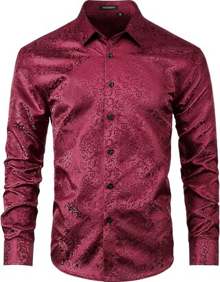 Enlision Silk Shirt for Men Red Paisley Floral Satin Shirt for Men Long ...