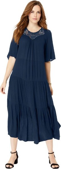 Roamans Roaman' Women' Plu Size Crochet-Yoke Crinkle Dre - 18 W, Navy ...