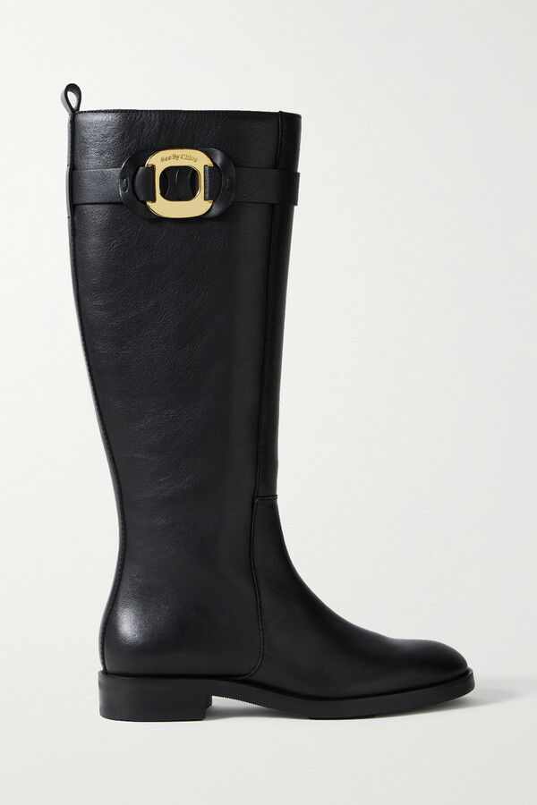 See by Chloe Chany Embellished Leather Knee Boots - Black - ShopStyle