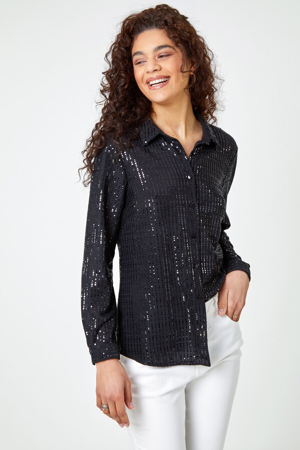 Roman Originals Sequin Shimmer Button Through Blouse - ShopStyle Tops