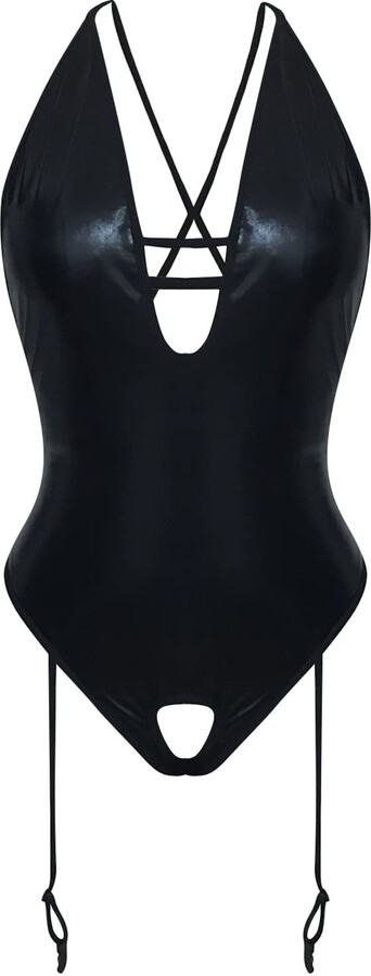 AMhomely Women Wetlook Patent Leather Halter Neck Fishnet Bust Zipper ...