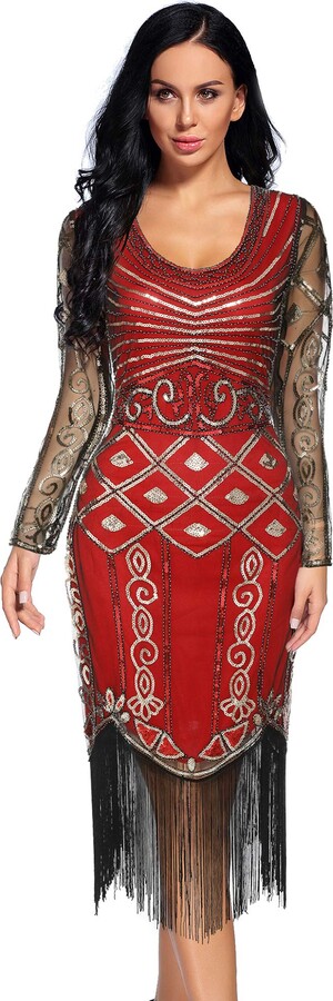 NeeMee 1920 Dresses V Neck Sequin Flapper Great Gatsby Fringed Cocktail ...