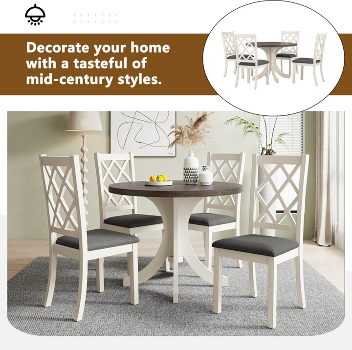 Simplie Fun Mid-Century Solid Wood 5-Piece Round Dining Table Set, Kitchen Table Set with ...