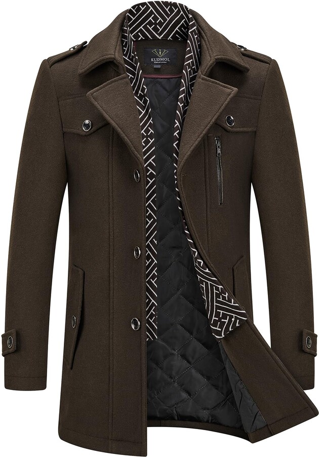 KUDMOL Men's Wool Trench Coat Knitted Scarf Collar Peacoat Winter Warm ...