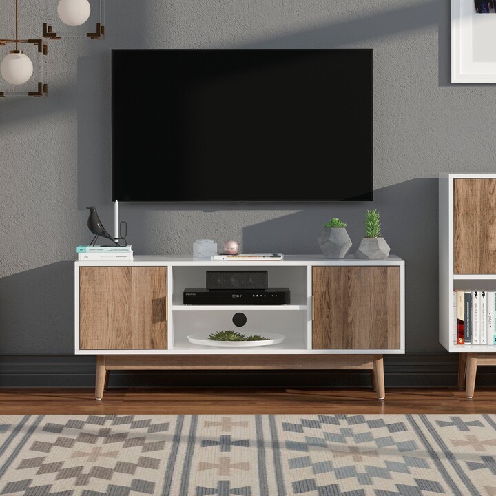 IGEMAN 43''W Natural Wood TV Stand Console with 2 Door Cabinet&2 ...