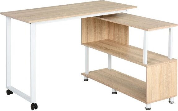 HOMCOM Mobile L-Shaped Rotating Computer Desk with Storage Shelves ...