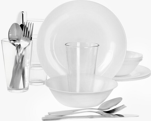 Gibson Ultra Angel Silk 24 Piece Opal Glass Dinnerware and Flatware Combo Set in White - ShopStyle