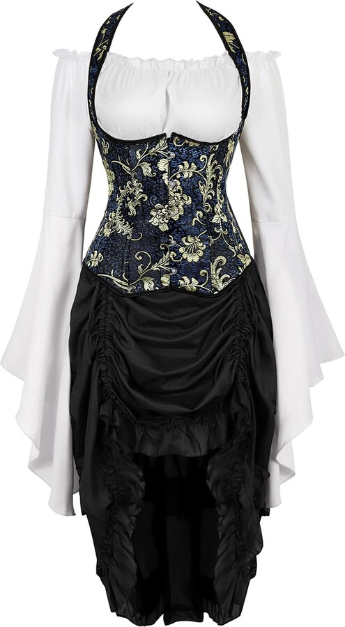 Grebrafan Straps Corset Pirate Skirt with Blouse Steampunk Underbust ...