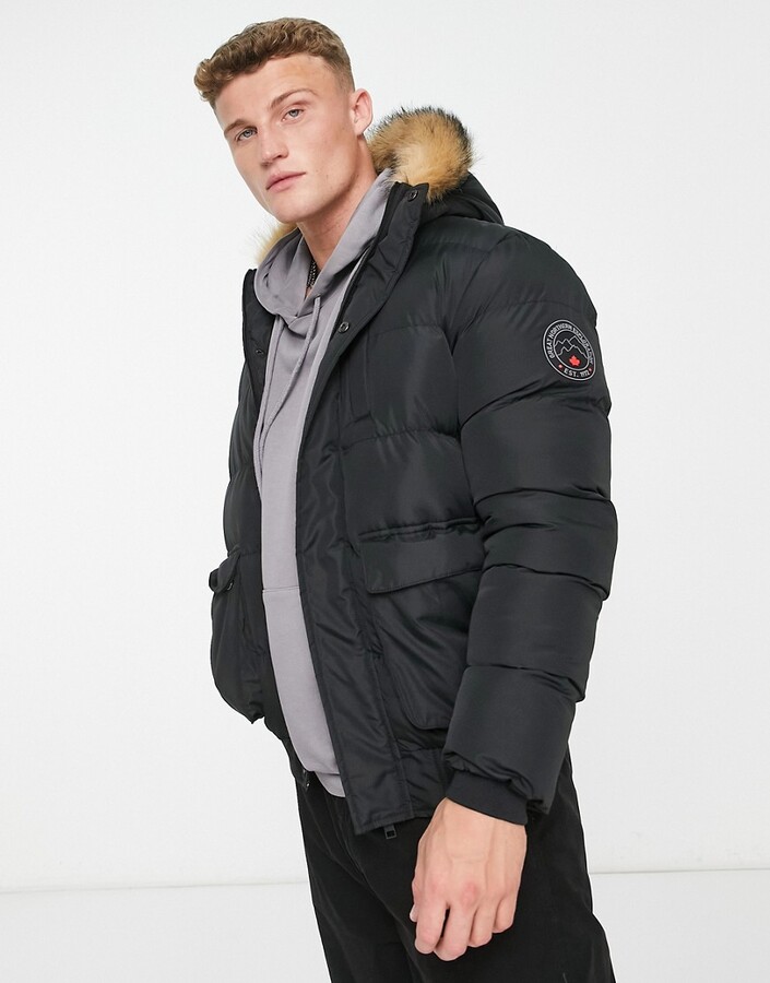Brave Soul puffer bomber jacket with faux fur hood in black - ShopStyle