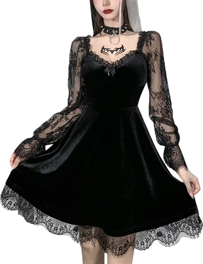 EveryLu Women Gothic Vintage Punk Dresses Layered Lace-up Puff Sleeve ...