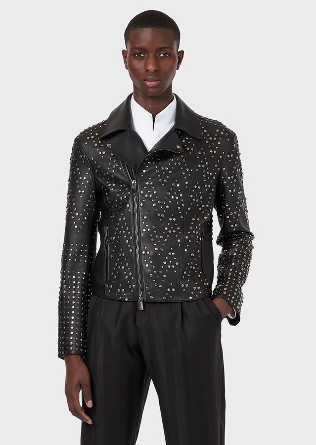 Emporio Armani Lambskin Nappa Leather Biker Jacket With All-Over Studs ...