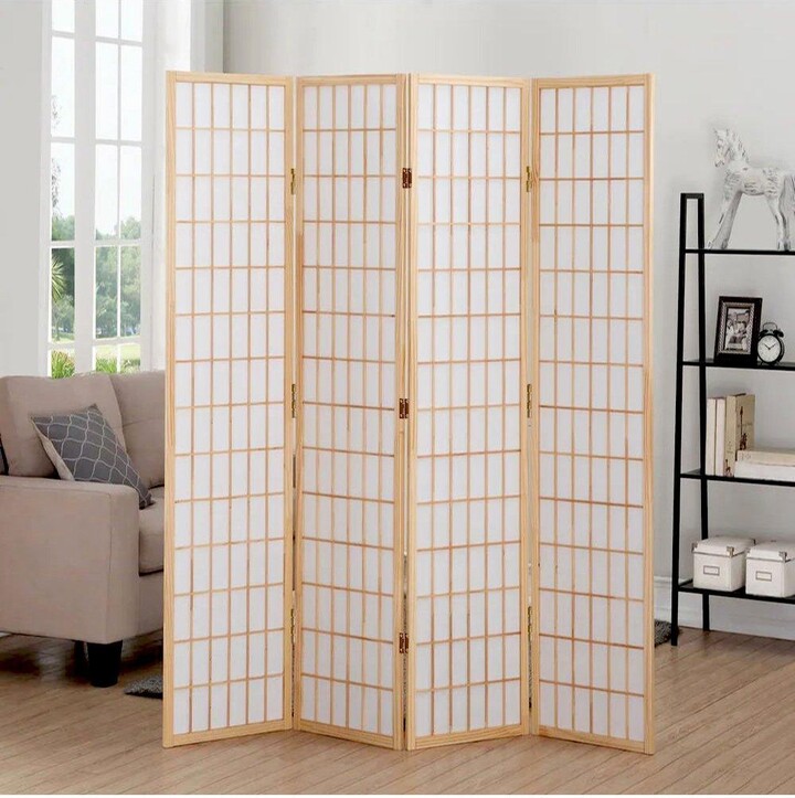 Living and Home 4-Panel Natural Solid Wood Folding Room Divider Screen ...