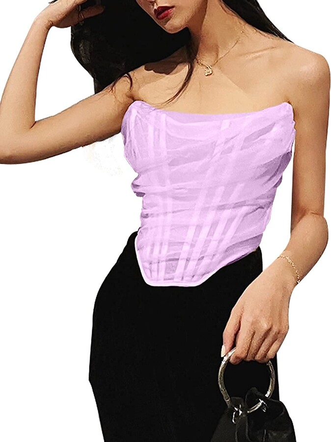 Heynino Womens Sexy Push up Mesh Corset Bustier Vintage Strapless Open Back Zip Back Boned ...