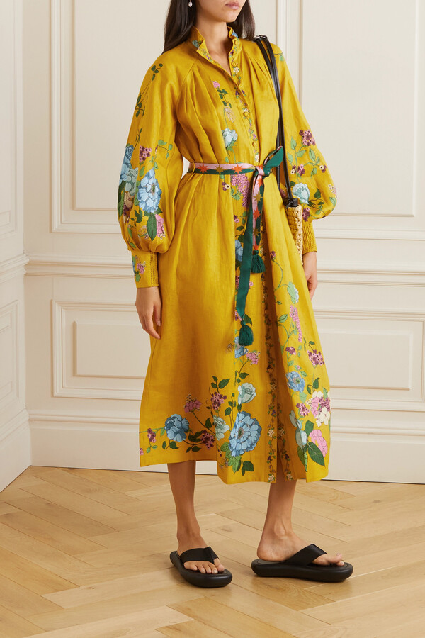 ALÉMAIS ALÉMAIS - Belted Pleated Floral-print Linen Midi Dress - Yellow ...
