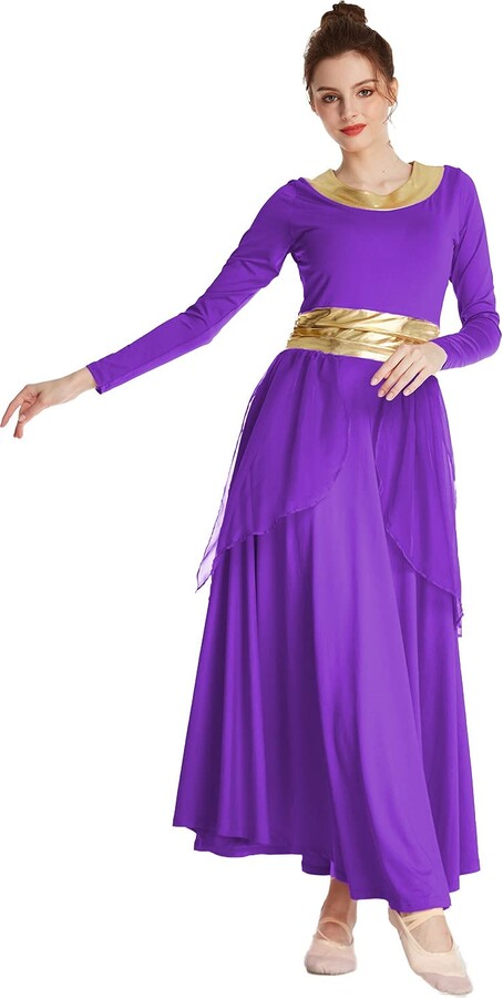 REXREII Women Praise Dance Robe Metallic Waistband Long Sleeve ...