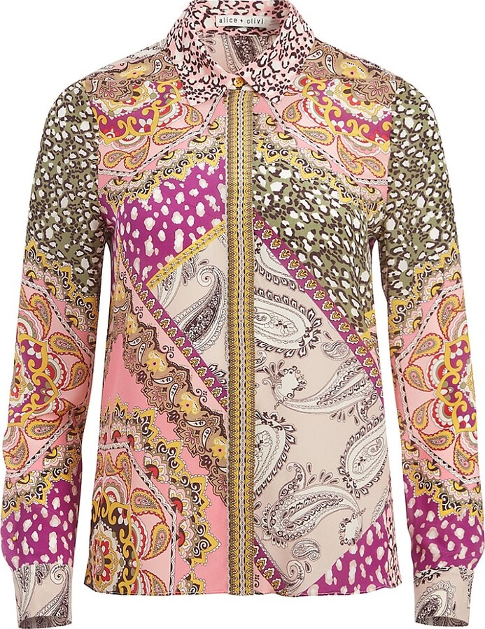 Alice + Olivia Willa Mixed Print Silk Blouse - ShopStyle Tops