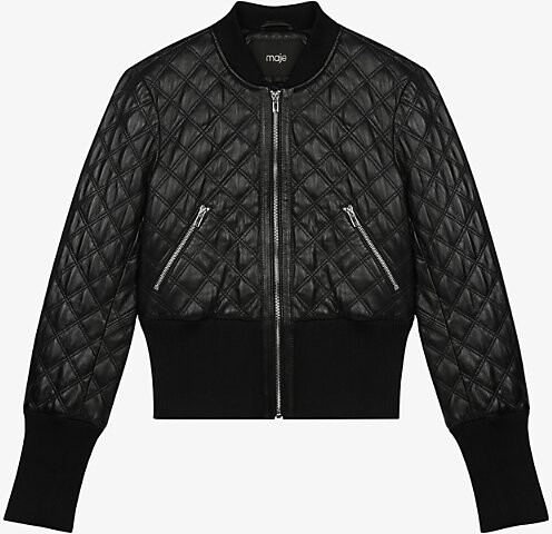 Maje Womens Noir / Gris Bimat Quilted Leather Bomber Jacket - ShopStyle