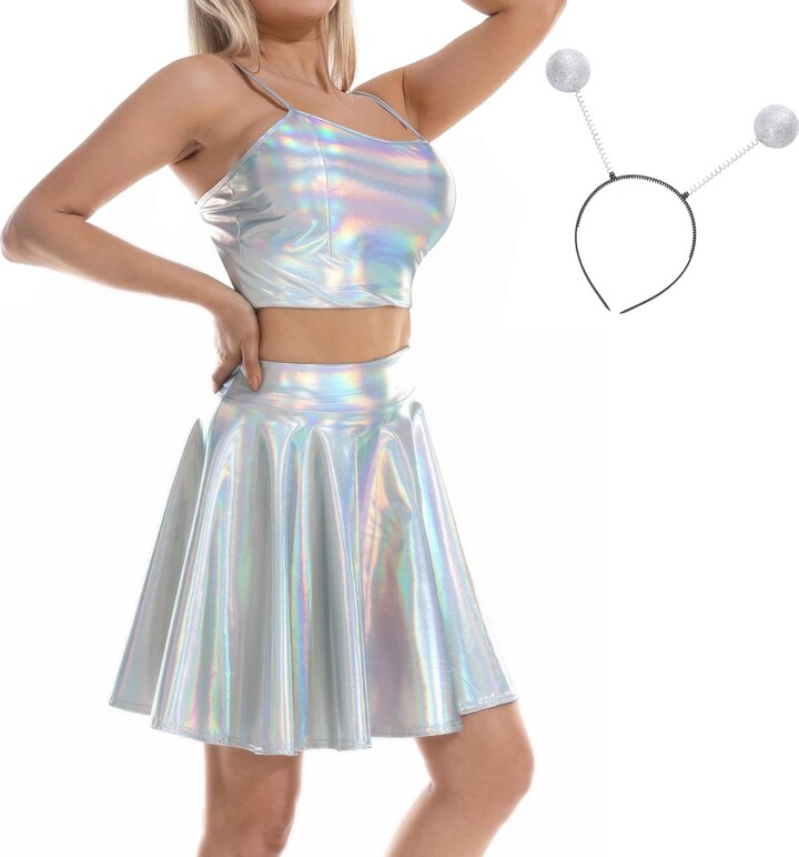 IBAKOM Women's Rave Alien Outfits Shiny Sleeveles Crop Top Flared Mini ...