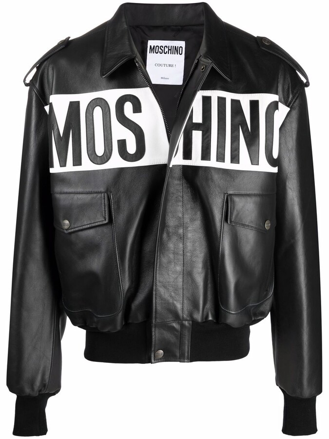 Moschino Logo-Print Leather Jacket - ShopStyle