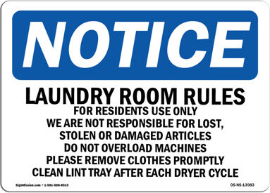 SignMission Osha Notice Laundry Room Rules For Residents Use Only Sign ...