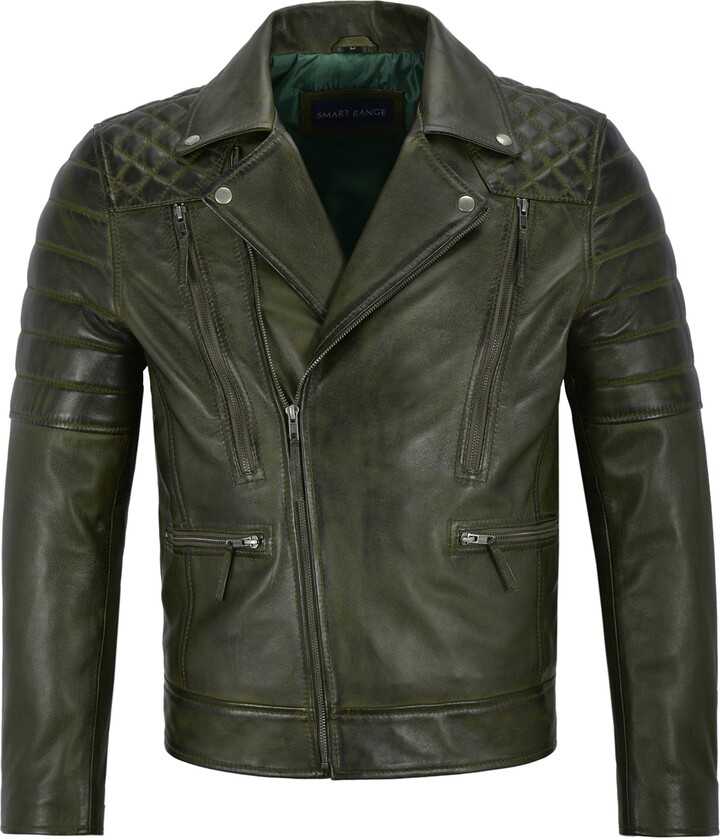 Smart Range Leather Mens Fashion Biker Jacket Olive Green - ShopStyle