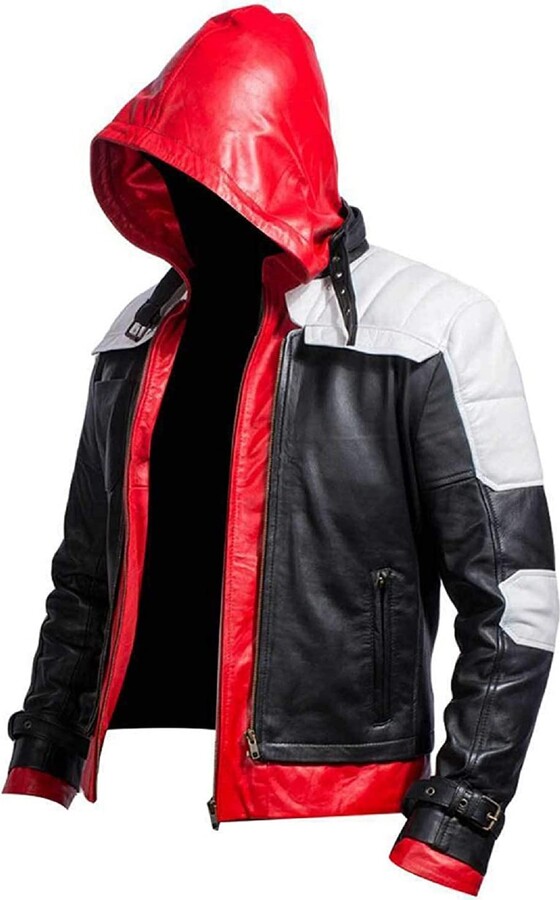 HiFacon Mens Red Hooded Jason Todd Jacket Arkham Bat Knight Logo ...