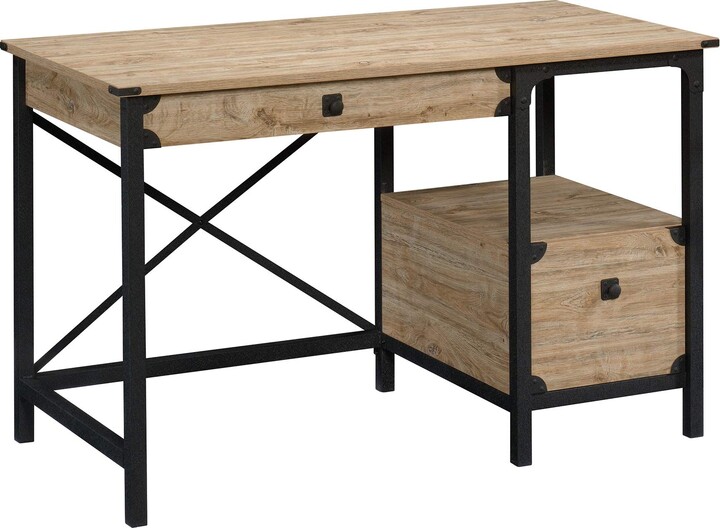 Sauder Steel River Rustic Industrial Metal & Wood Pedestal Desk with ...