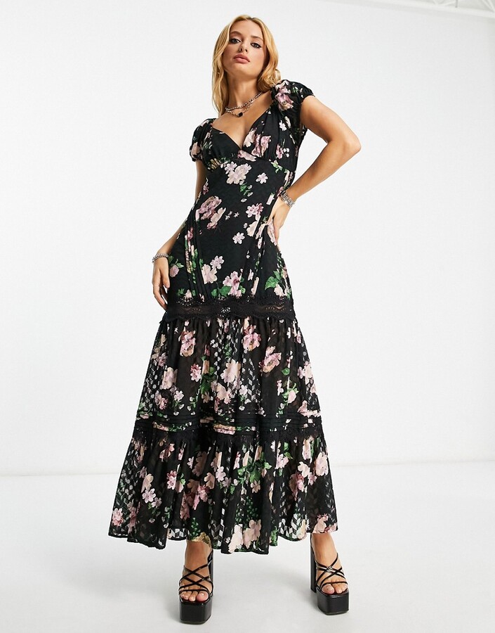 ASOS DESIGN pintuck maxi dress with lace inserts in floral embroidery ...