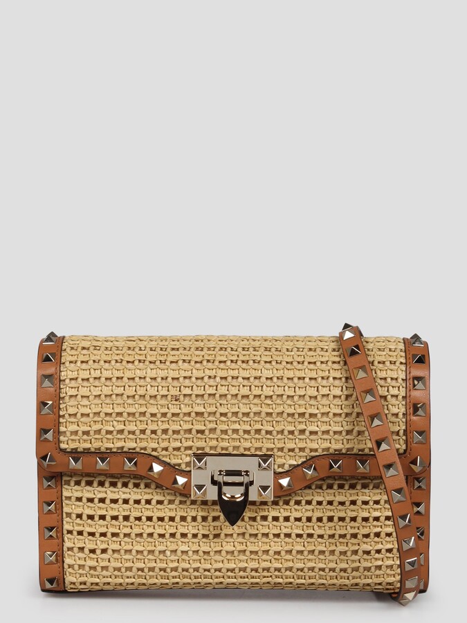 Valentino Garavani Woven raffia small rockstud shoulder bag - ShopStyle